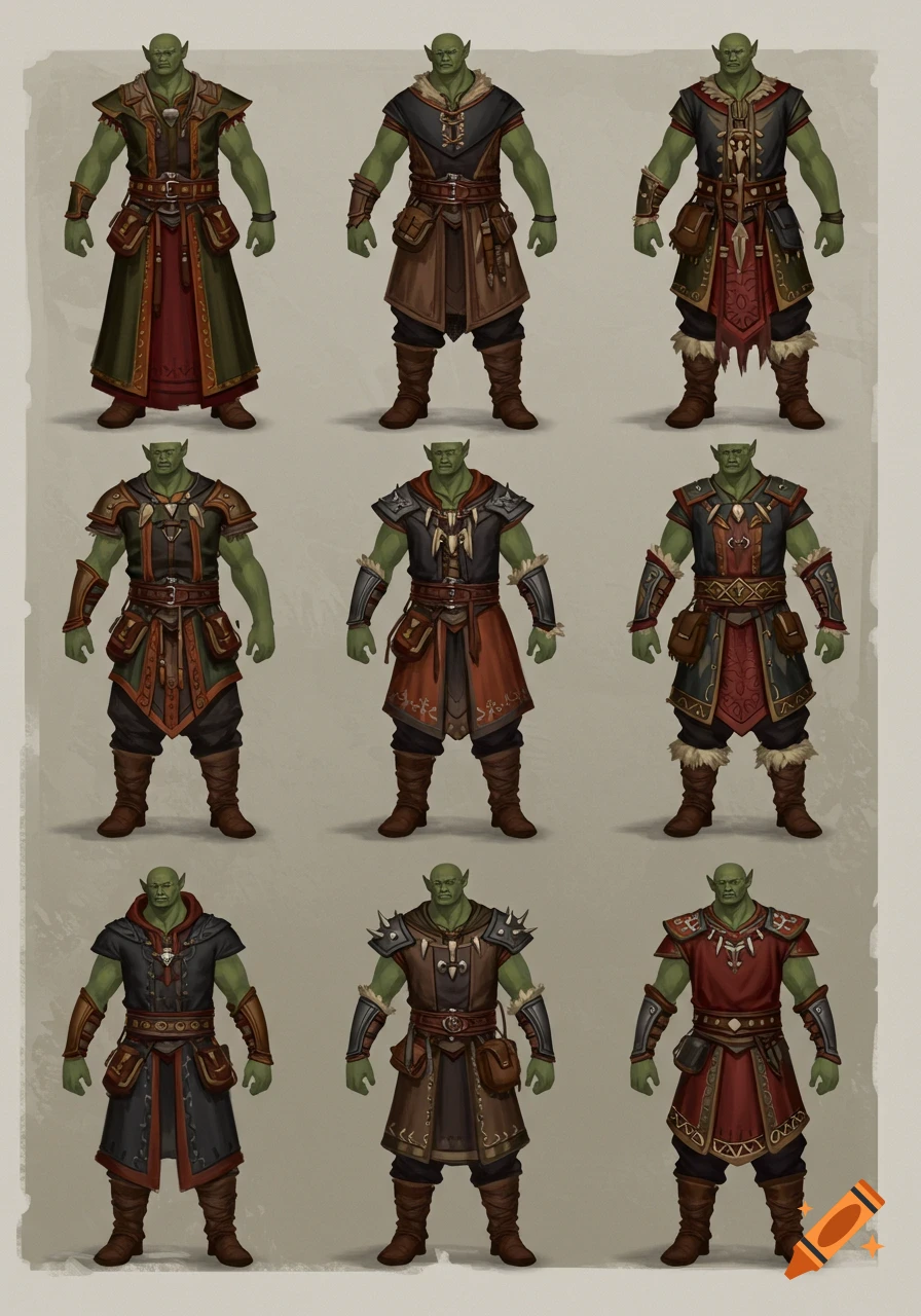 Nine concept art designs of orc characters wearing various fantasy ...