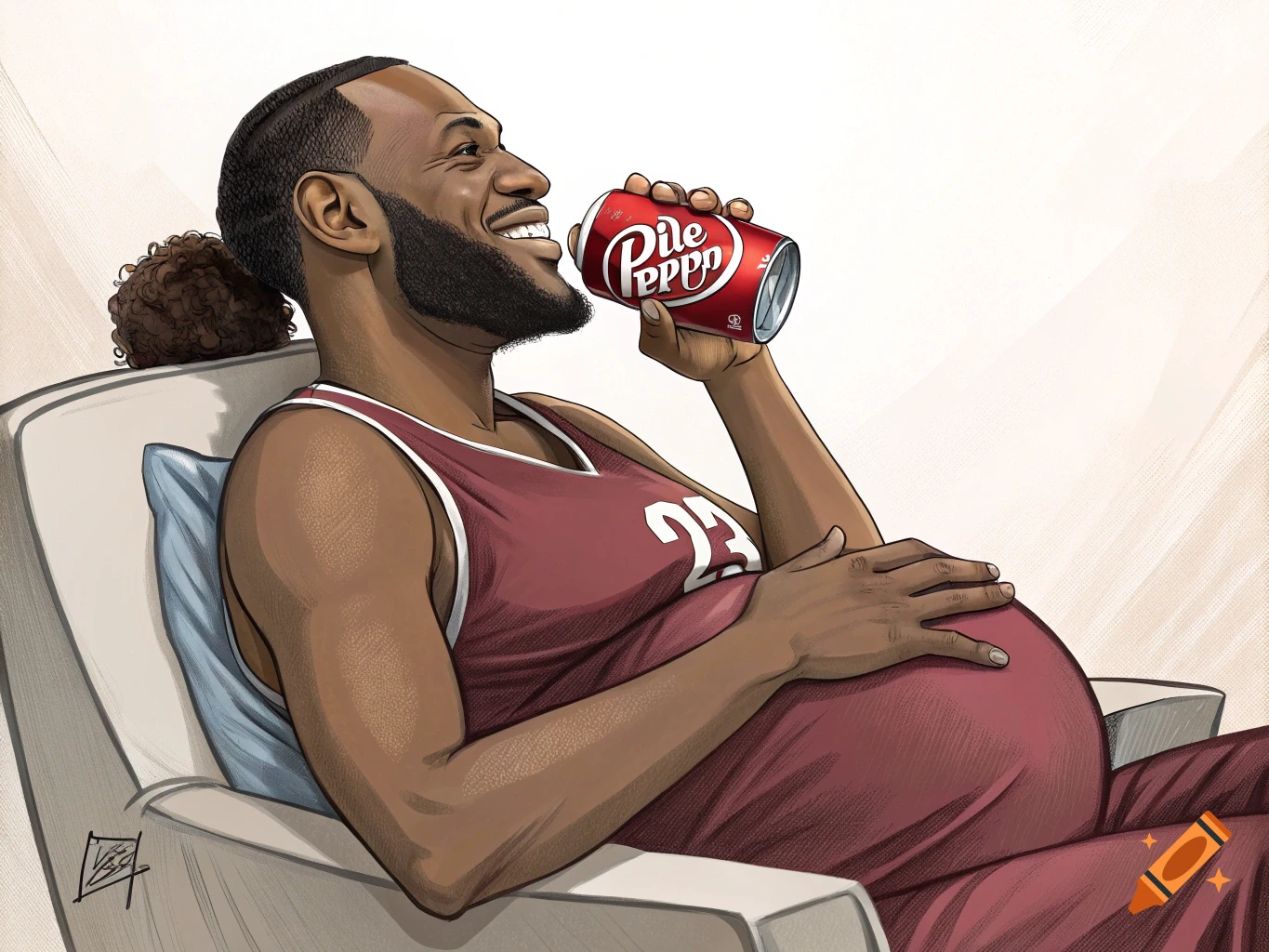 Illustration of a pregnant man resembling LeBron James in a basketball ...
