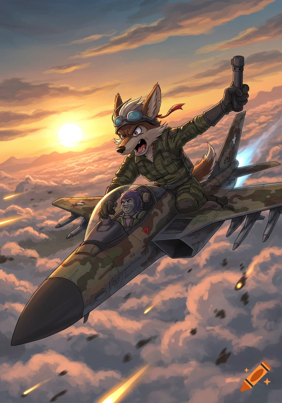 Furry coyote and human in jet fighter aerial combat at sunset. on Craiyon