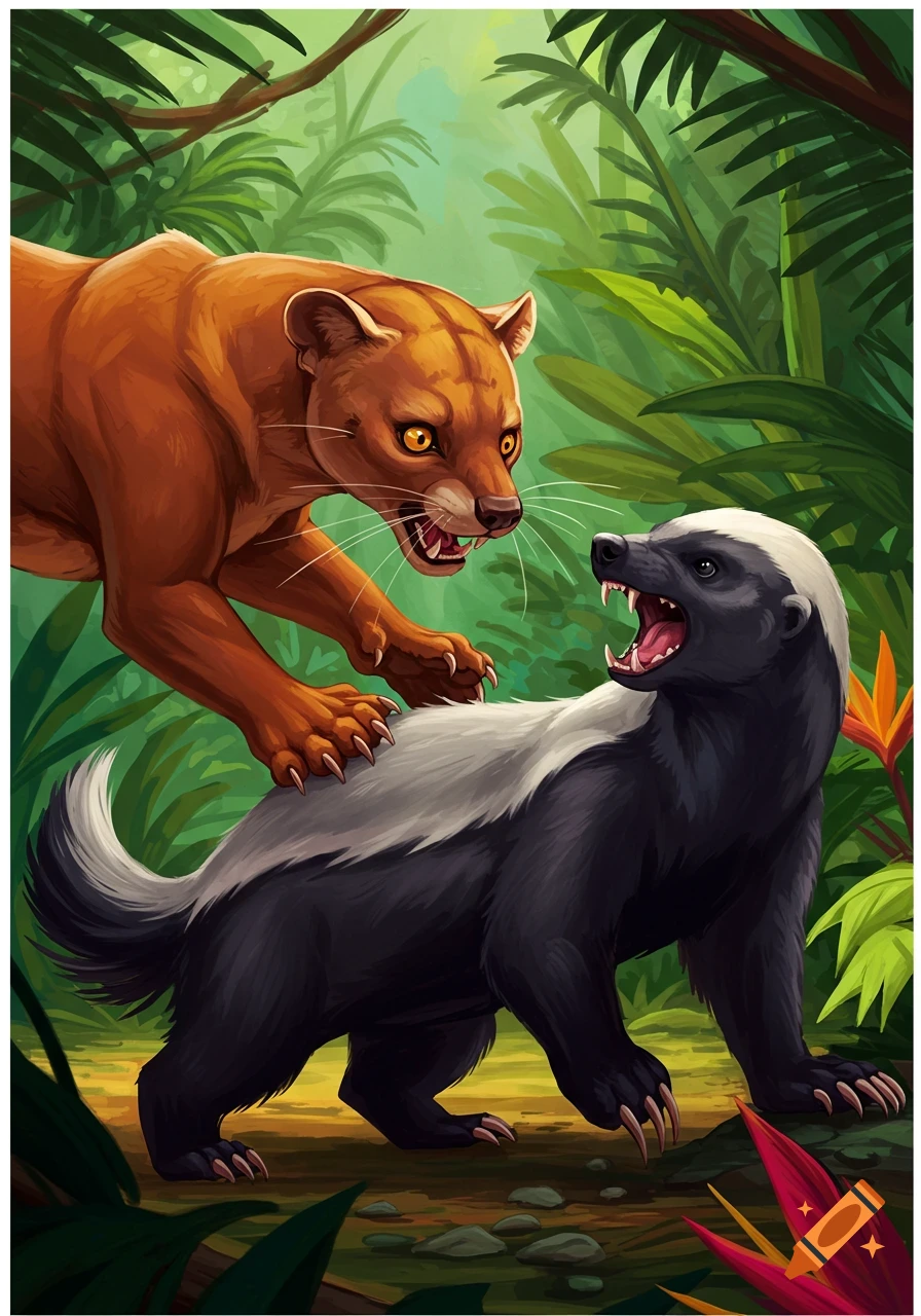 A fossa and a honey badger fight in a lush jungle, digital illustration ...