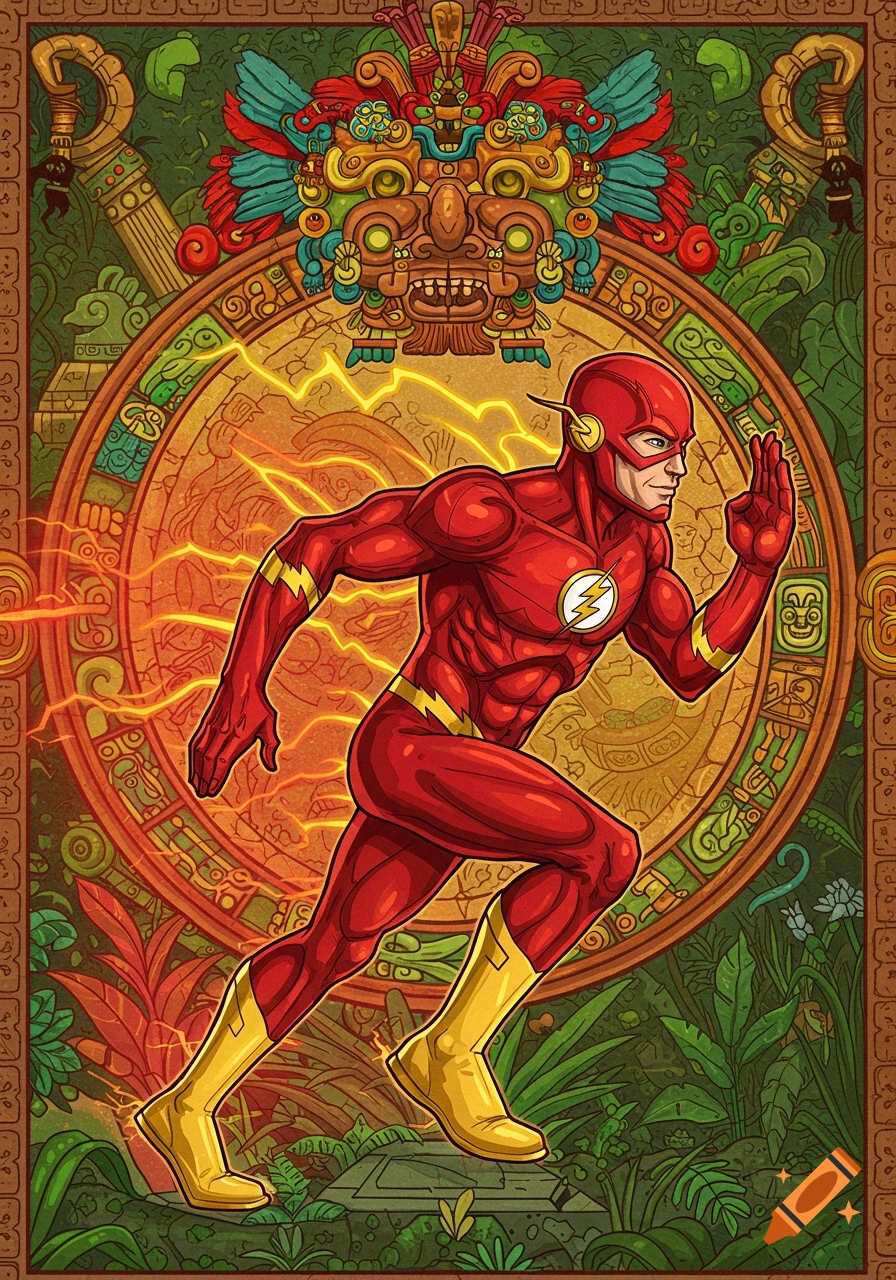 Illustration of The Flash running in a vibrant Mayan-style art piece ...