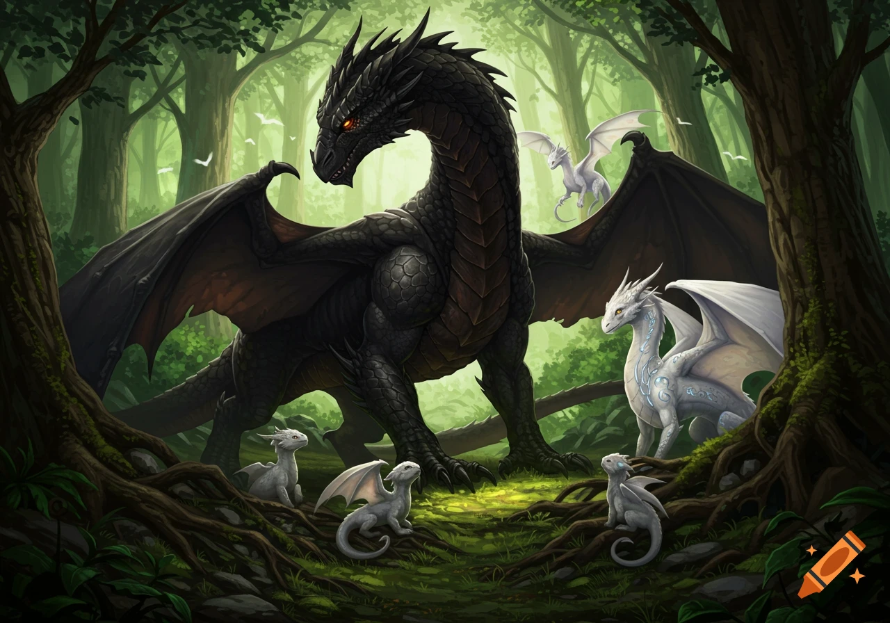 A large black dragon stands in a forest clearing surrounded by several ...