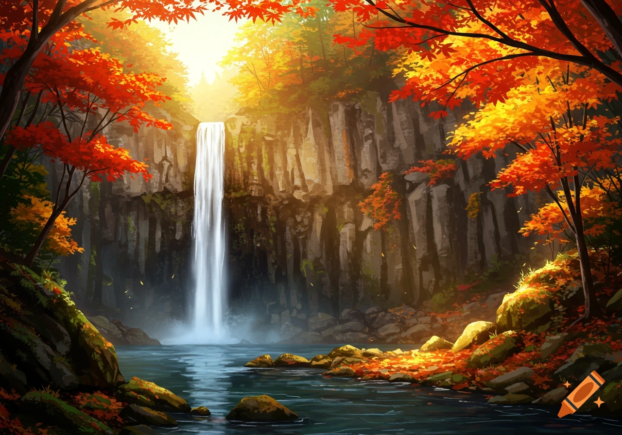Illustration of a waterfall cascading down cliffs surrounded by trees with vibrant red and ...