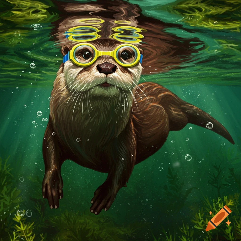 A river otter swims underwater wearing yellow swim goggles. on Craiyon