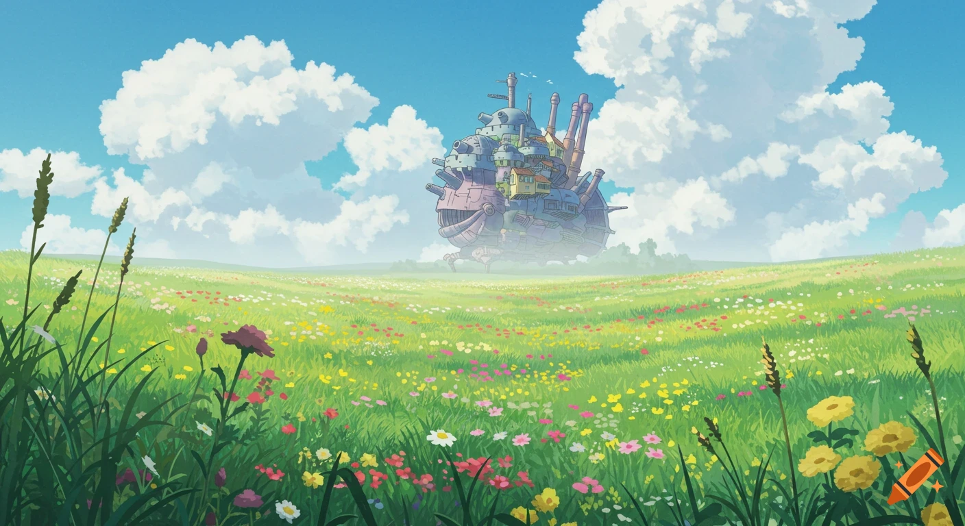 An anime-style moving castle walks across a field of wildflowers under ...