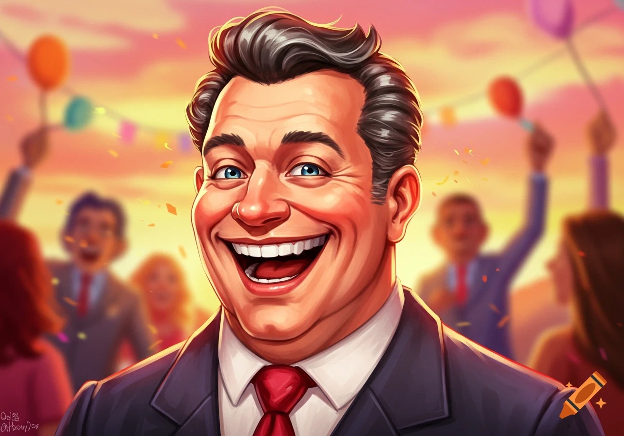 Cartoon illustration of a man in a suit smiling widely at a party with ...