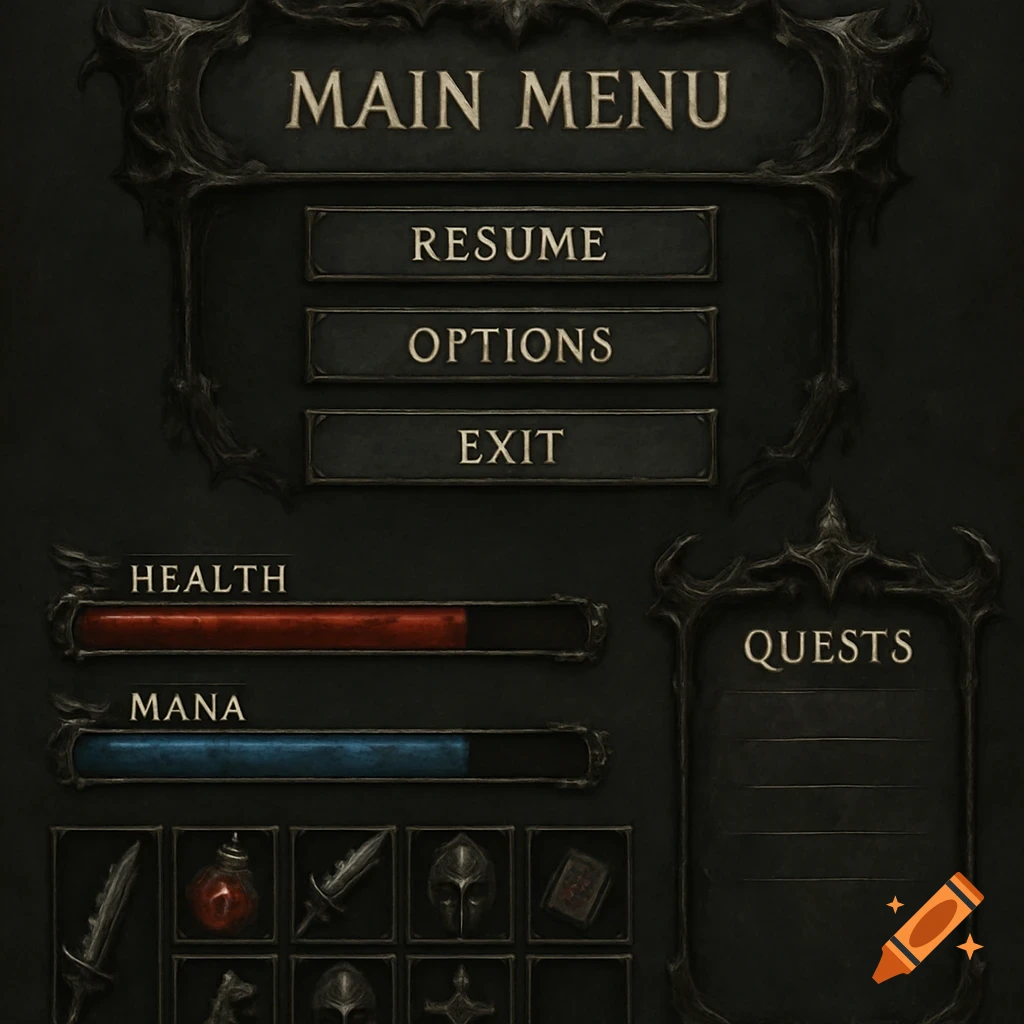 Dark fantasy game UI with main menu, health/mana bars, and item slots ...