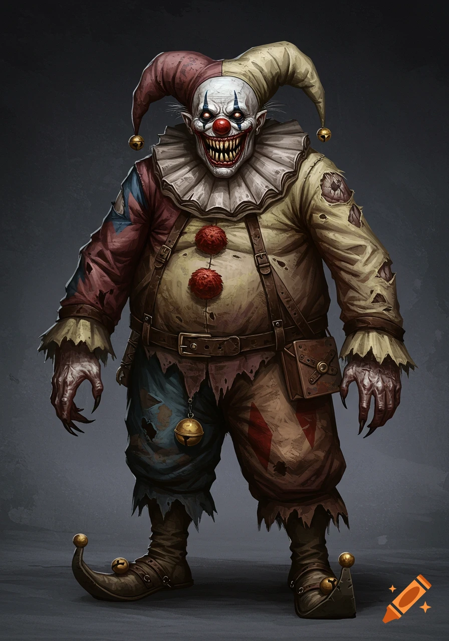 Full body portrait of a scary jester with sharp teeth and claws. on Craiyon