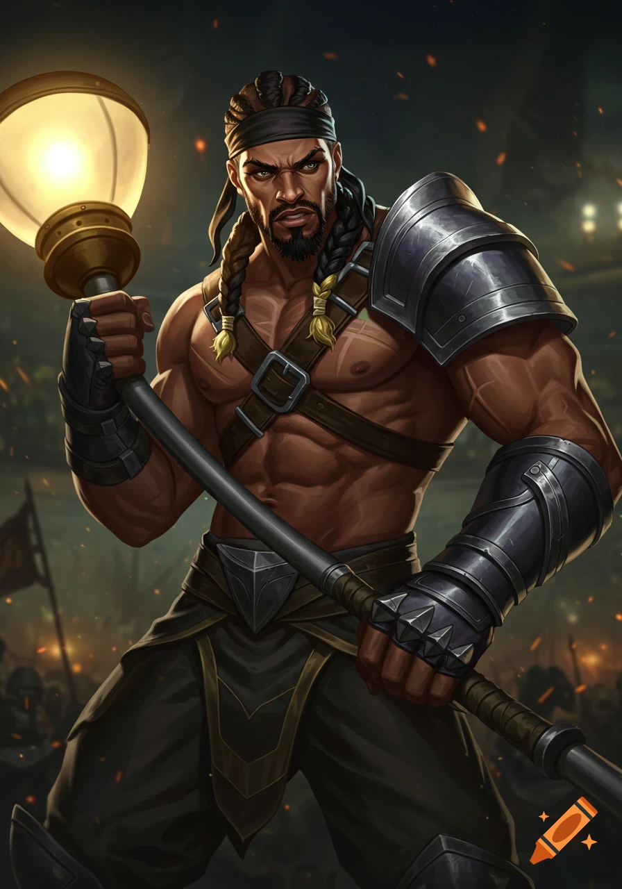 Muscular warrior with cornrows and armor holds glowing staff in battle ...