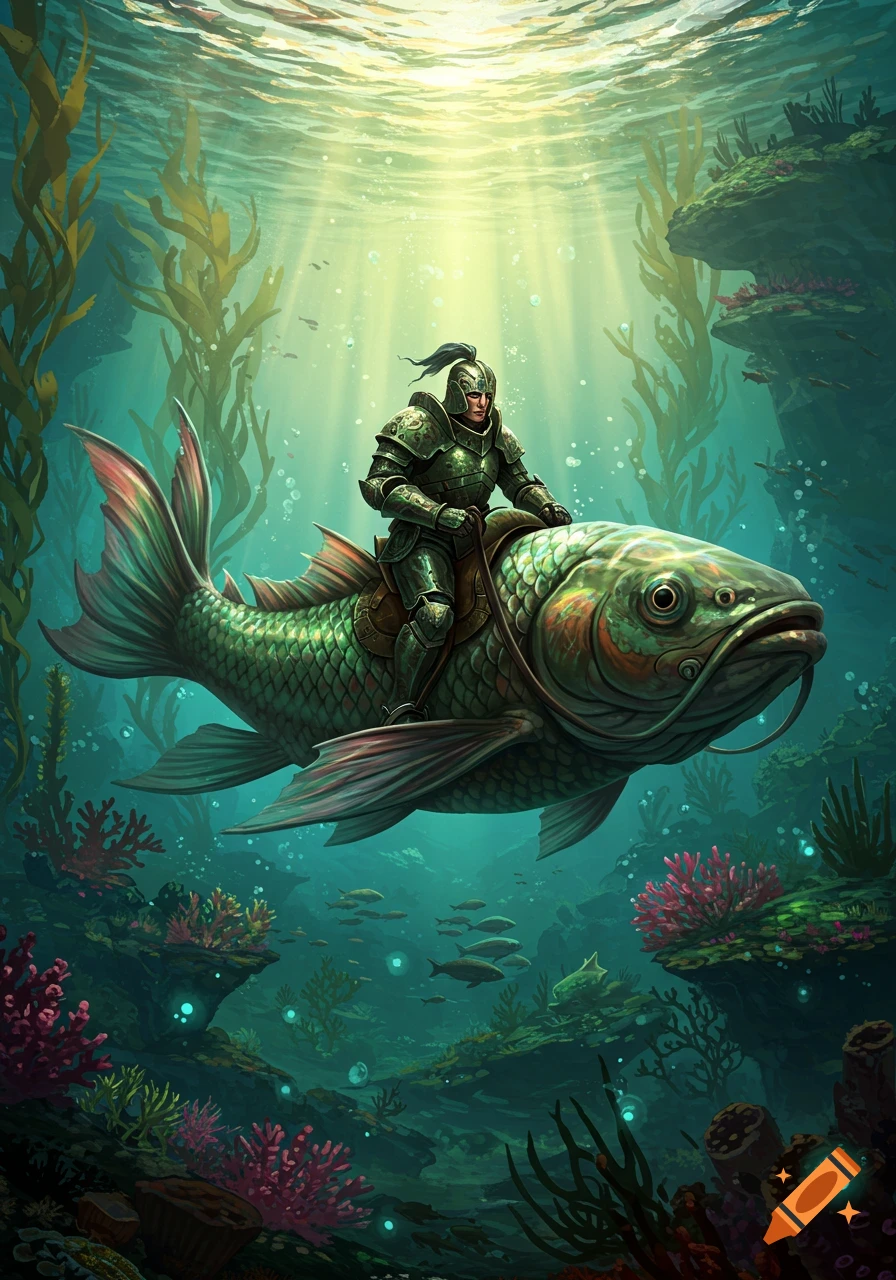 A knight in green armor rides a large fish underwater in a fantasy ...