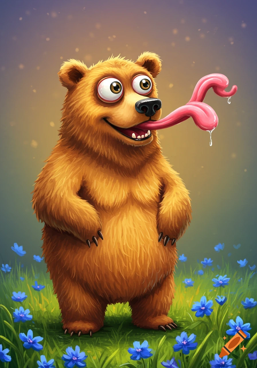 A cartoon bear with a very long tongue and large googly eyes stands in ...