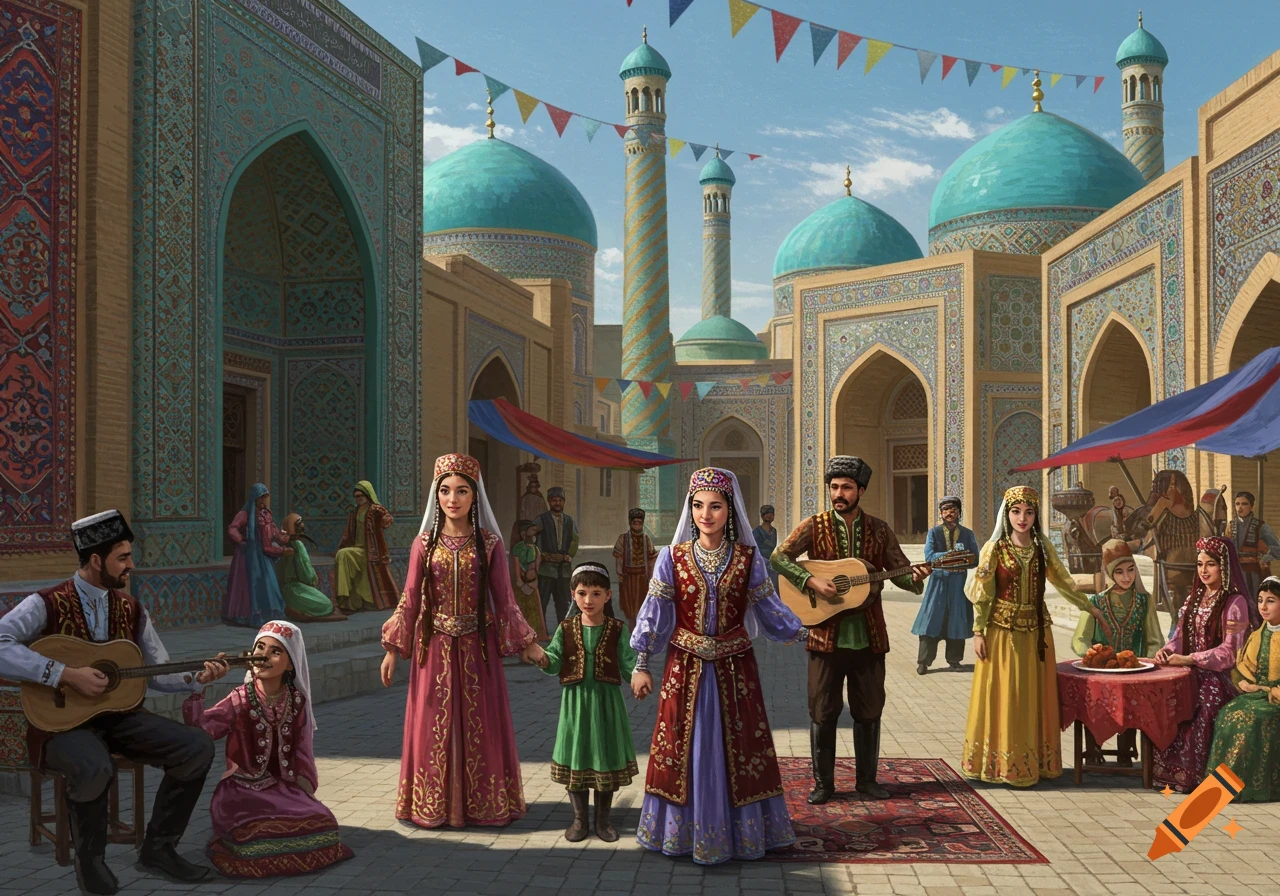 People in traditional Central Asian clothing celebrate in a square with ...