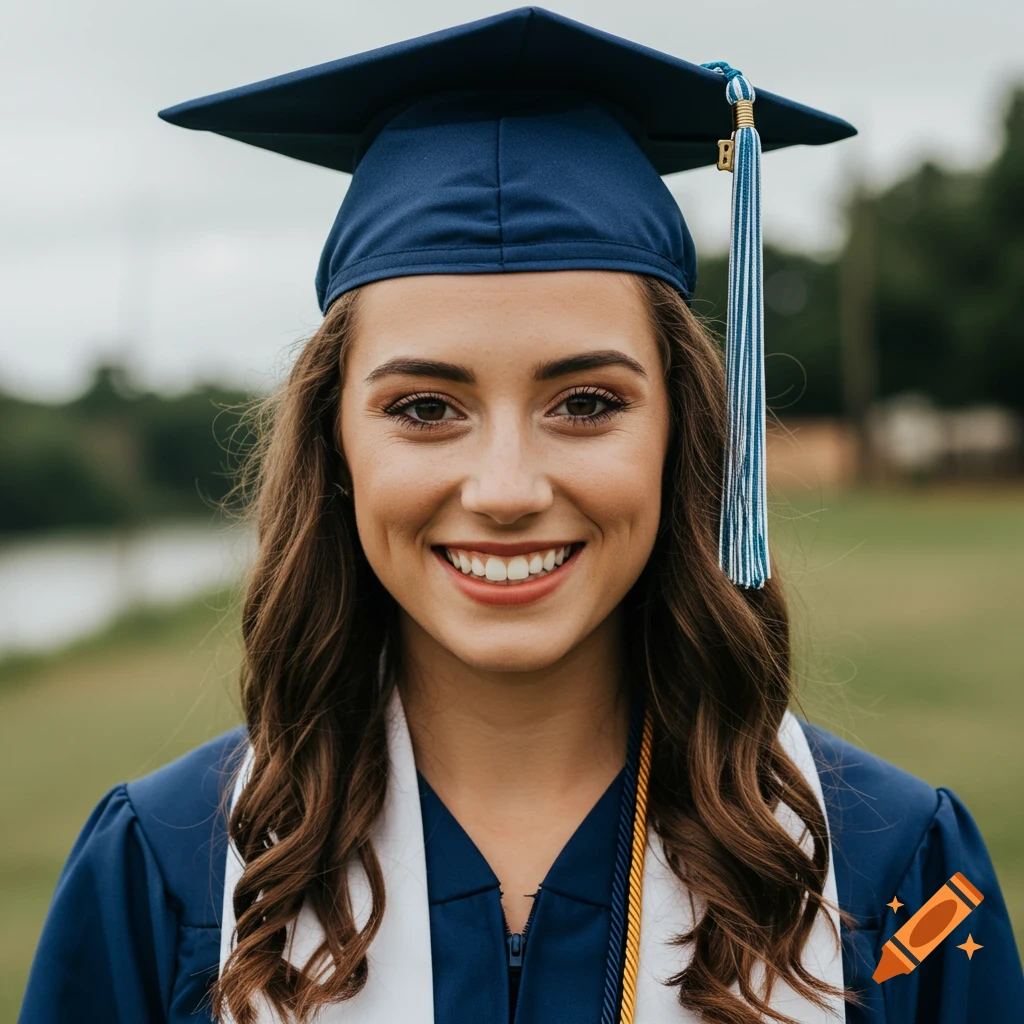 A young woman in a blue graduation cap and gown smiles at the camera ...