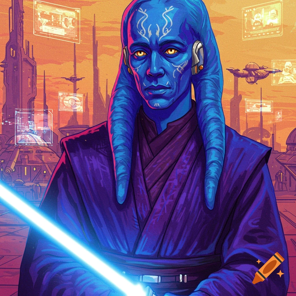 Illustration of a blue-skinned alien Jedi holding a lightsaber in a ...