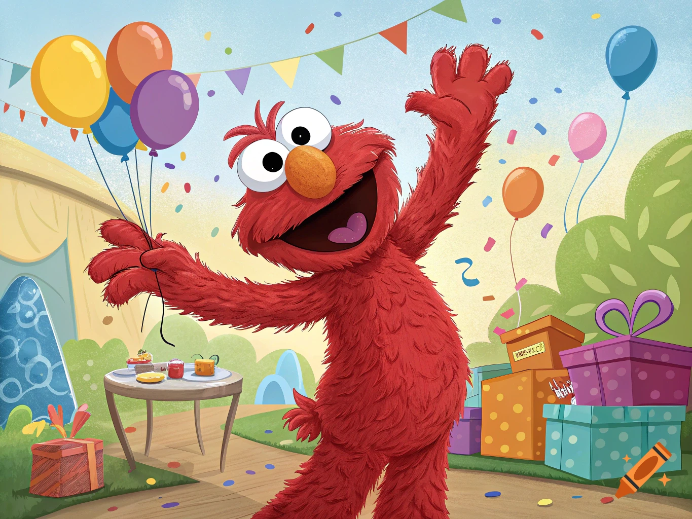 Elmo holds balloons at a cartoon party with gifts and confetti. on Craiyon