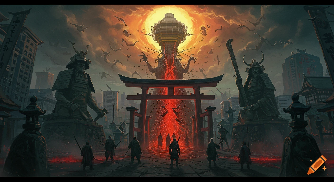 Dark fantasy art of samurai statues and warriors facing monsters ...