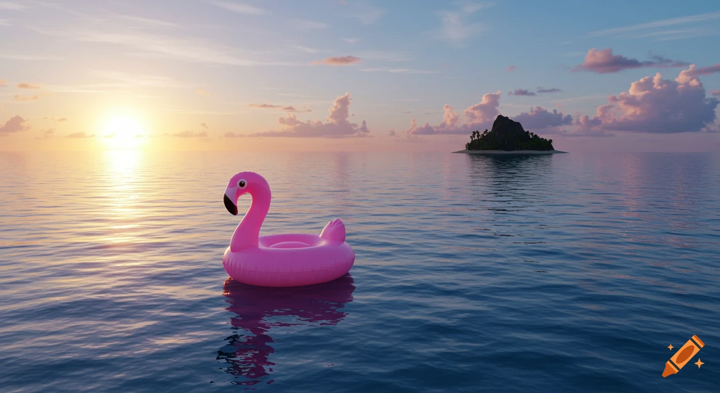 A pink flamingo floatie floats on the ocean with a small island in the ...