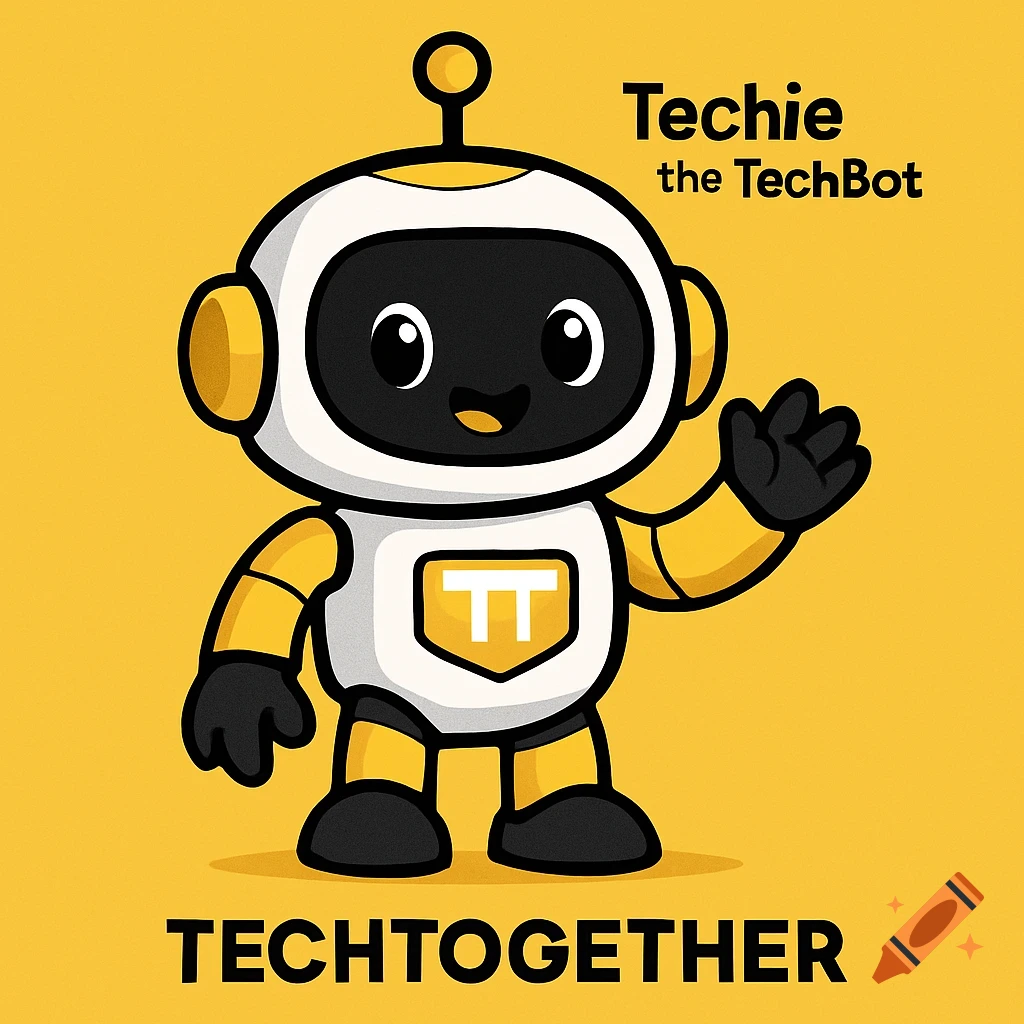 A cute cartoon robot mascot named Techie the TechBot waves on a yellow ...
