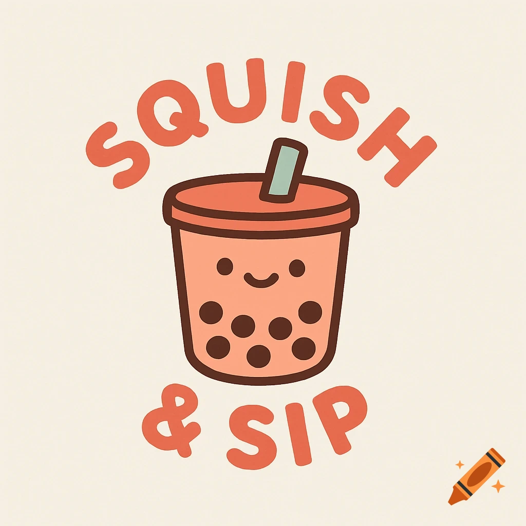 Cute cartoon boba tea cup logo with text 'Squish & Sip' on Craiyon