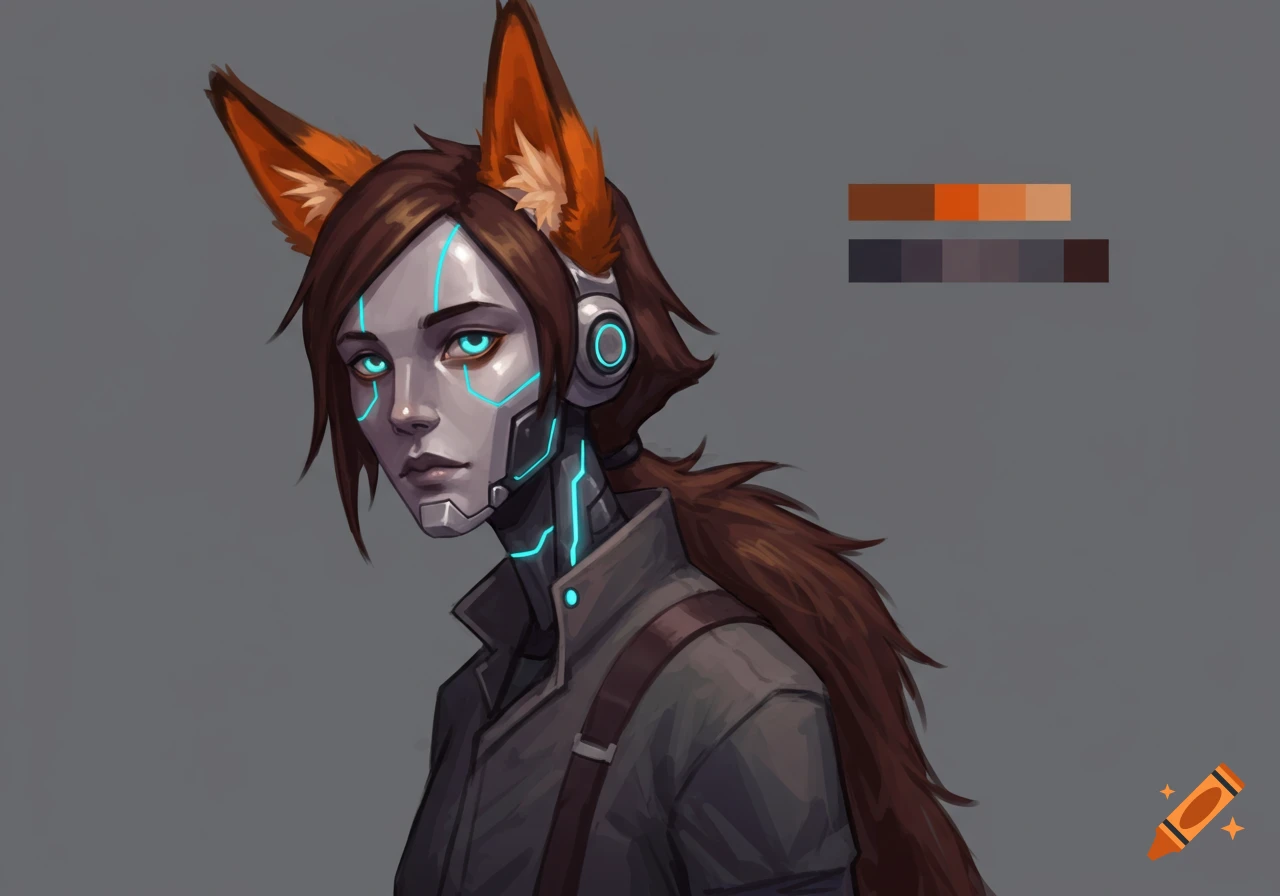 Portrait of a humanoid cyborg with fox ears and glowing blue facial ...