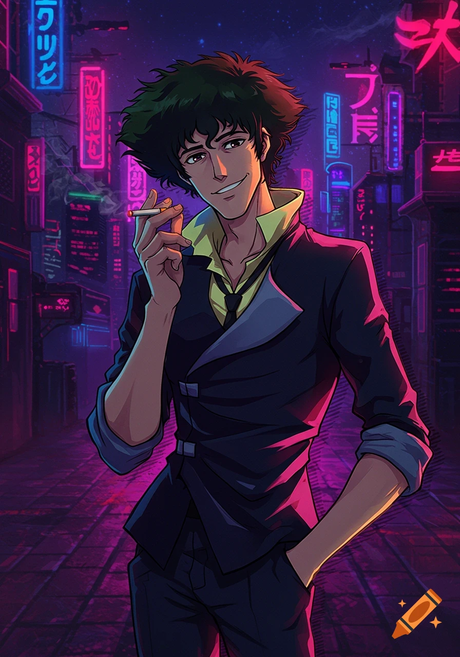Spike Spiegel from Cowboy Bebop smoking in a neon-lit cyberpunk city in ...