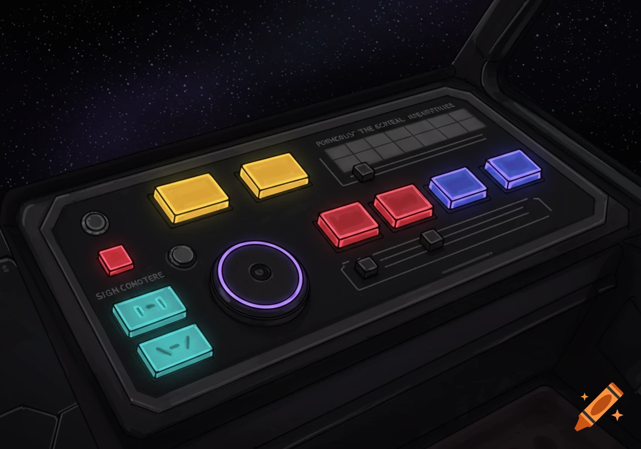 Close-up illustration of a futuristic spaceship control panel with colorful buttons and dials ...
