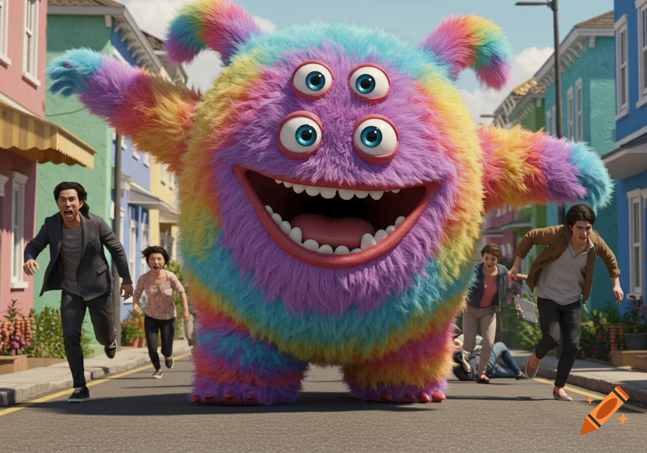 A large, multi-colored fuzzy monster with four eyes chases people on a ...