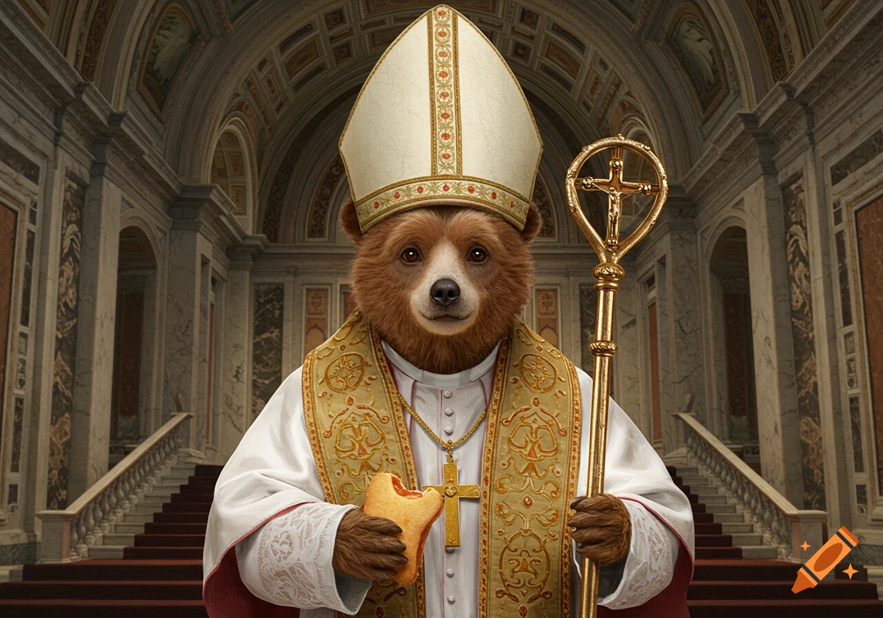 A bear dressed as the Pope stands in a cathedral holding a marmalade ...