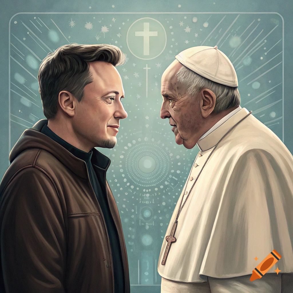 Elon Musk and the Pope face each other, with a cross and abstract ...