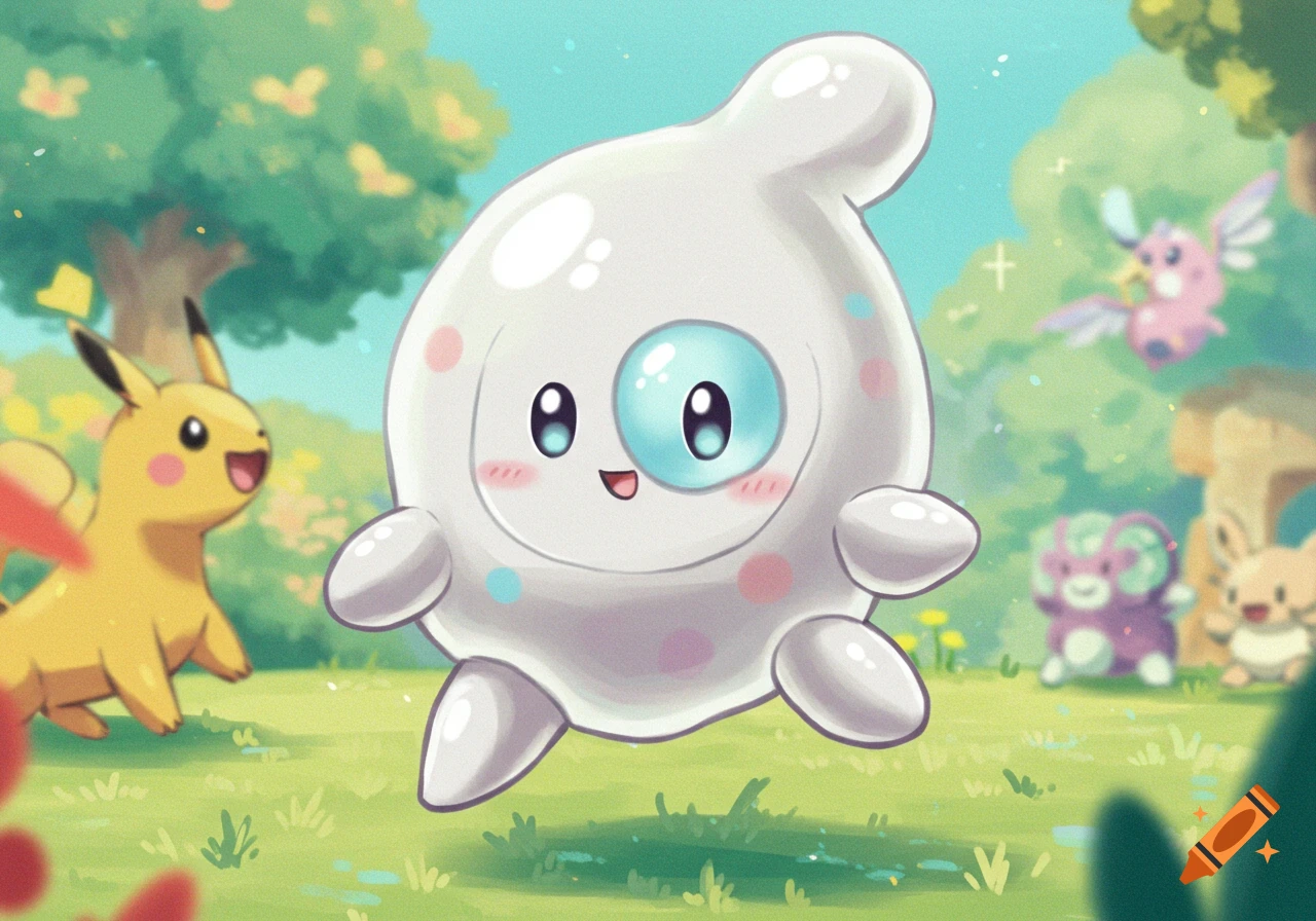 Cute white blob Pokemon with Pikachu and other Pokemon in a sunny field ...