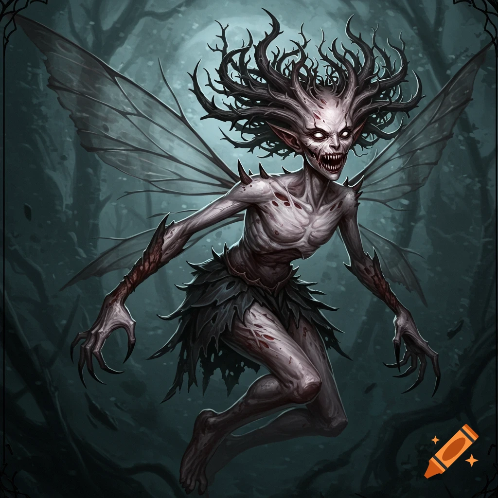 A monstrous fairy with glowing eyes, sharp teeth, and clawed hands ...