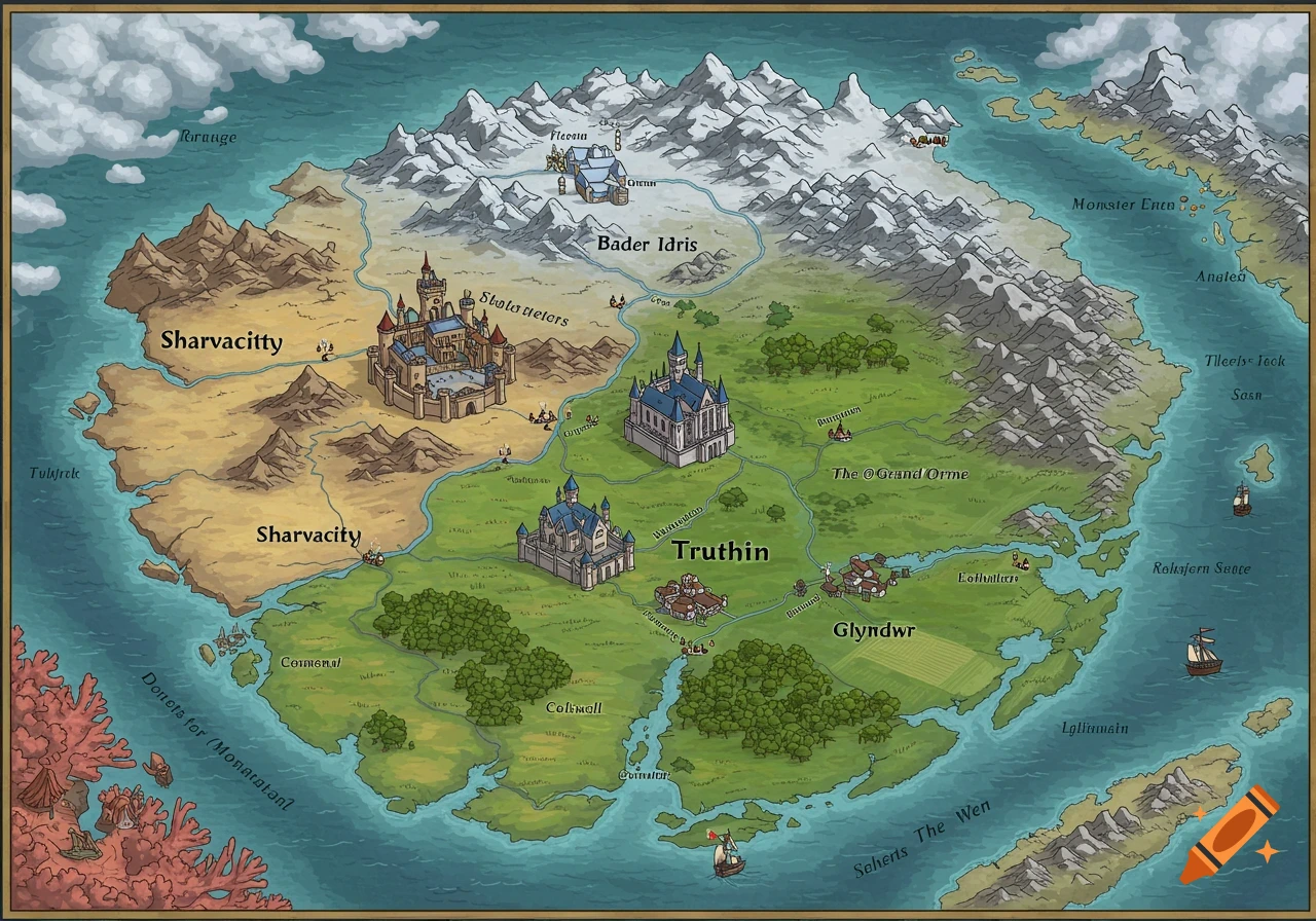 A detailed fantasy world map showing different regions with mountains ...