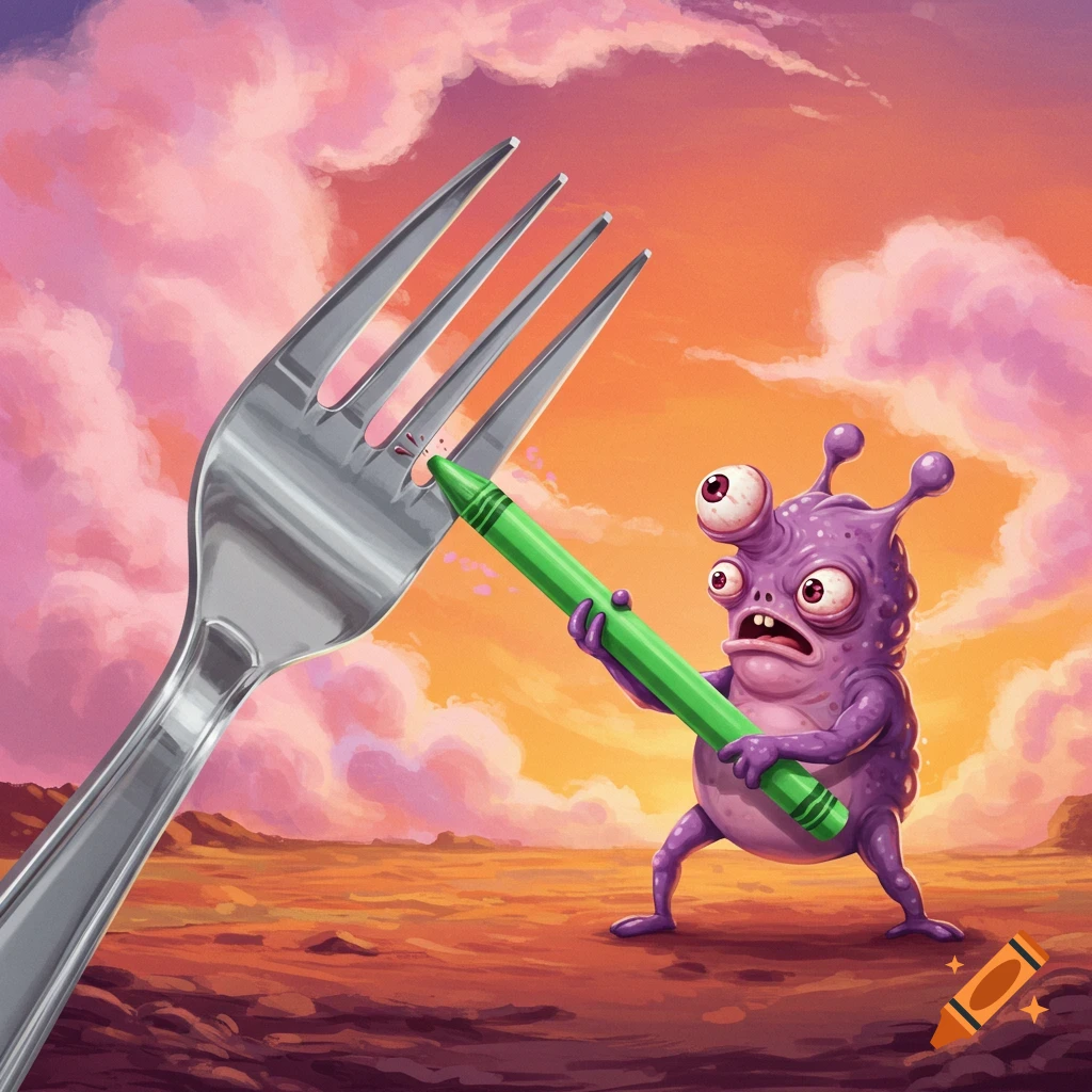 Cartoon alien fights a giant fork with a crayon in a colorful landscape ...