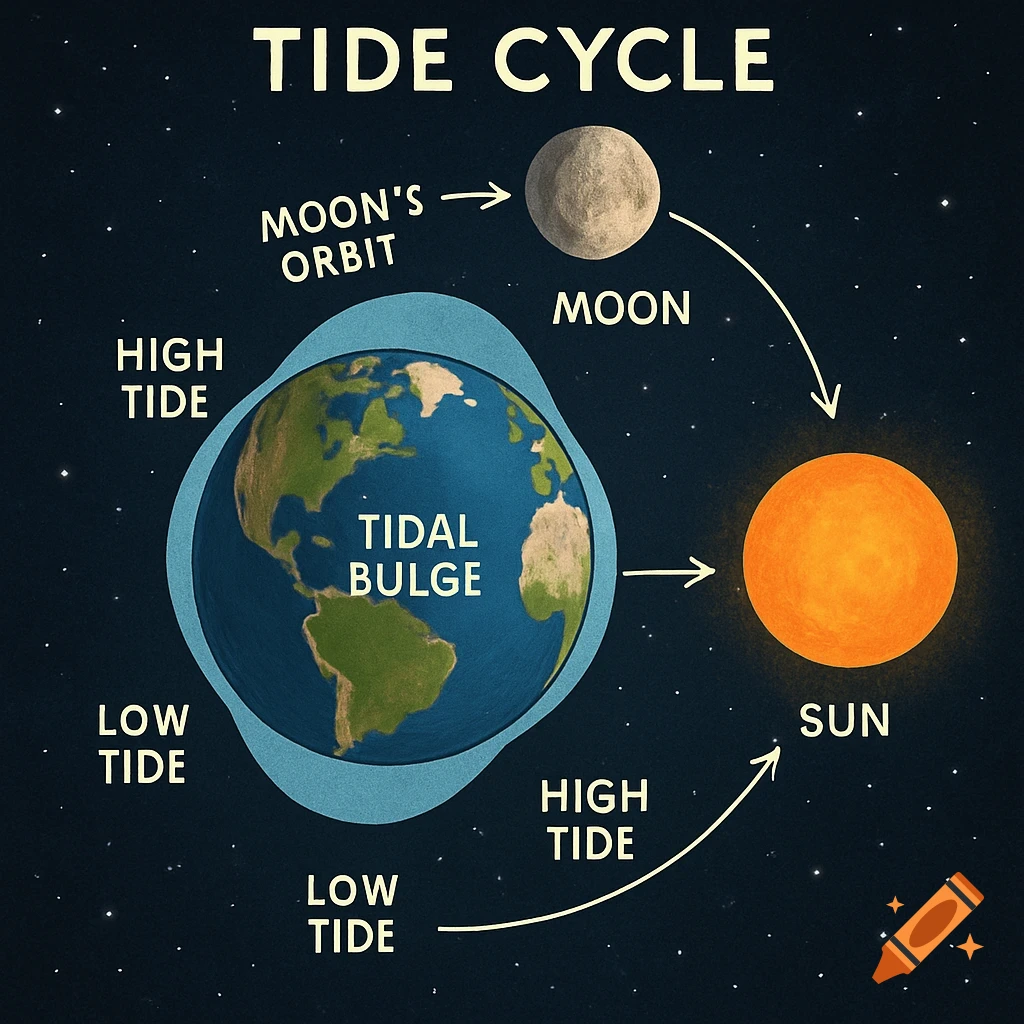 Diagram illustrating the tide cycle with Earth, Moon, and Sun, showing tidal bulges and high/low ...