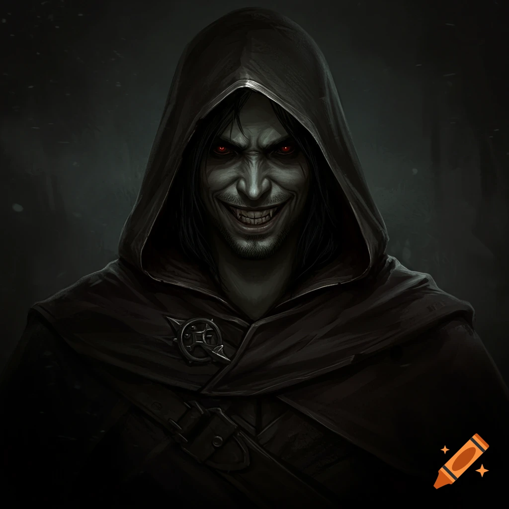 Close-up dark fantasy portrait of a hooded figure with glowing red eyes and sharp teeth. on Craiyon