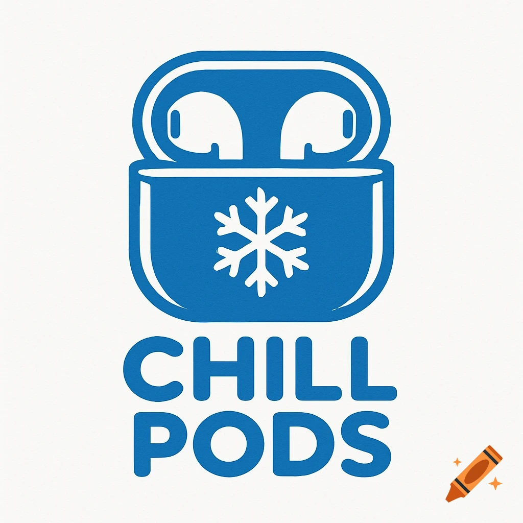 Blue logo for Chill Pods featuring an earbud case and snowflake graphic ...