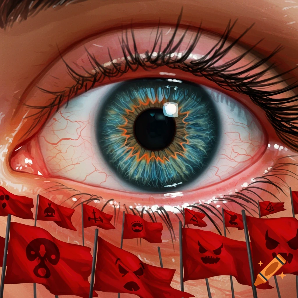A close-up digital painting of a human eye above a field of red flags with symbols and faces. on ...