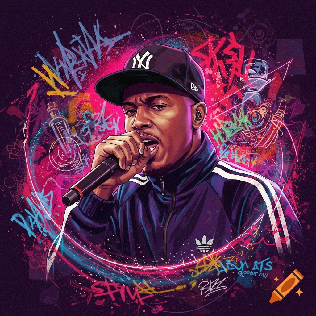 Vibrant graphic portrait of a rapper holding a microphone, surrounded ...
