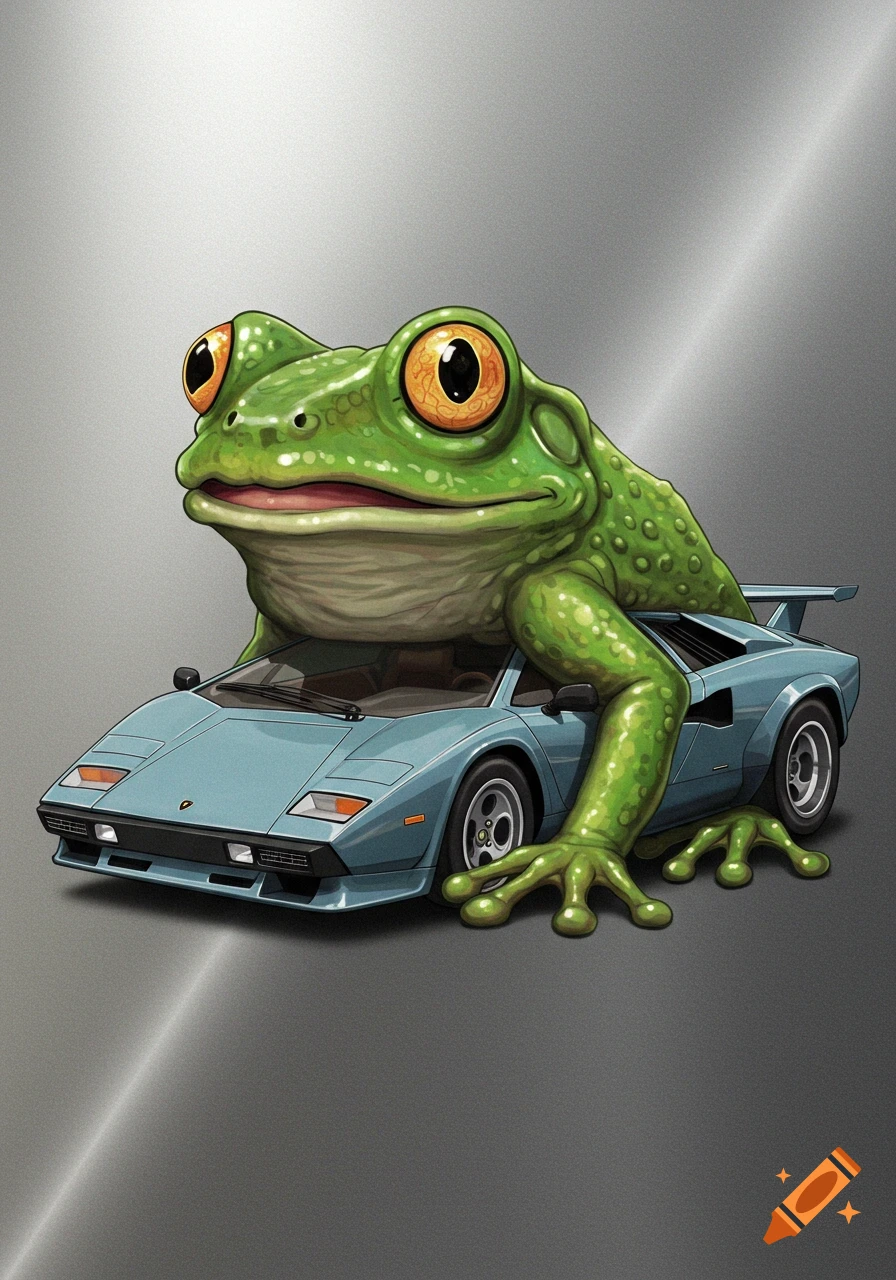 A large green frog sits on a blue Lamborghini car. on Craiyon