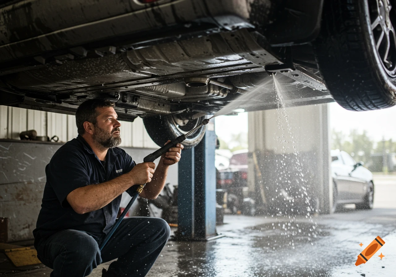 Man washing the underside of a car with a pressure washer in a garage ...