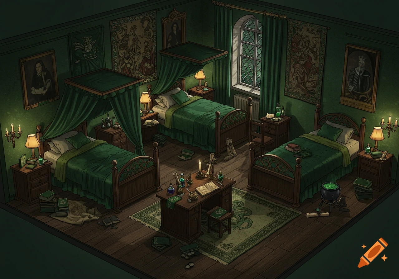 Isometric illustration of a cluttered dark green fantasy dorm room with ...