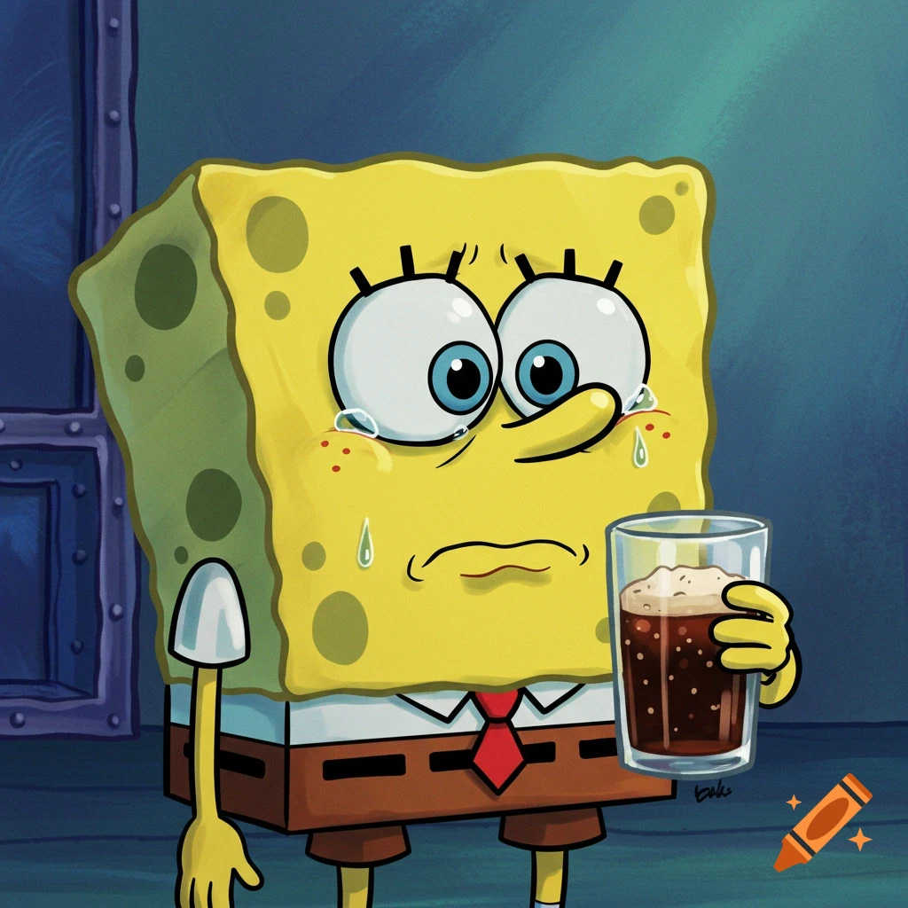 Sad anime SpongeBob crying and holding a glass of root beer. on Craiyon