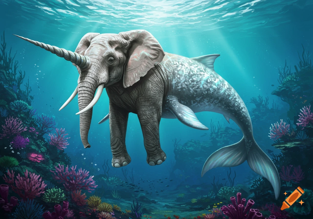 An elephant with a narwhal body and fish tail swims underwater near ...