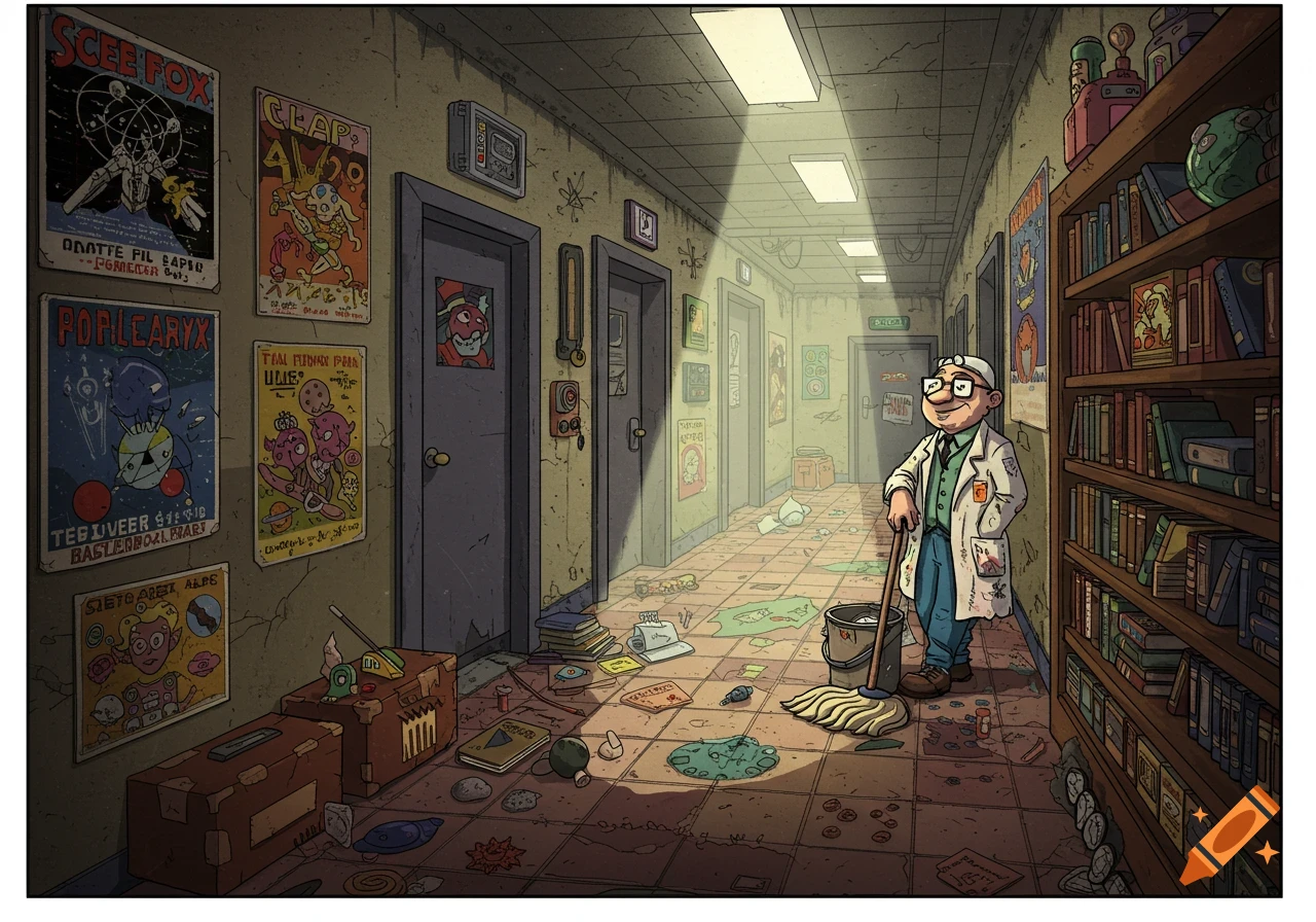 Cartoon of a nerdy scientist cleaning a messy hallway filled with ...
