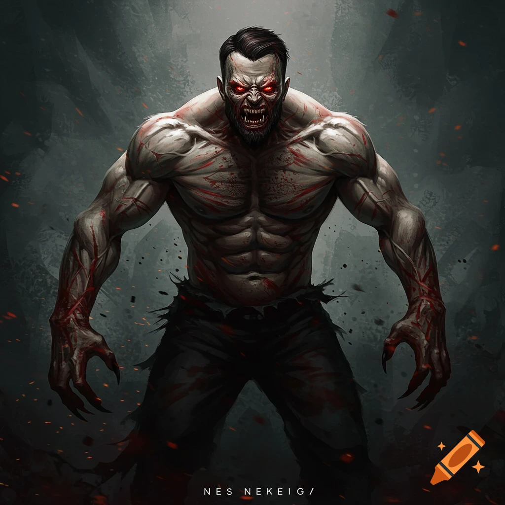 Illustration of a muscular, monstrous creature with red eyes and claws ...