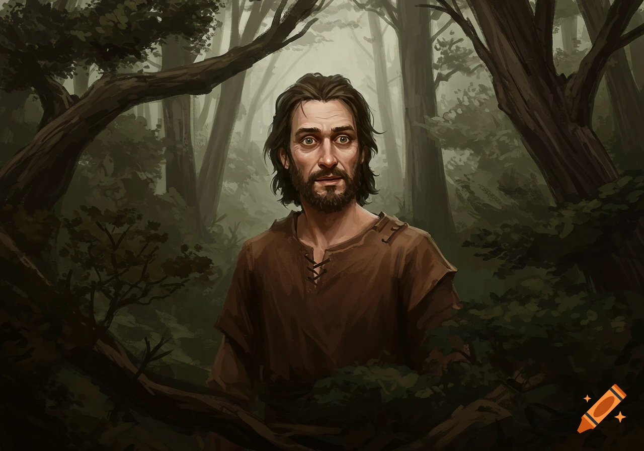 A wide-eyed man with a beard in a misty forest digital painting. on Craiyon