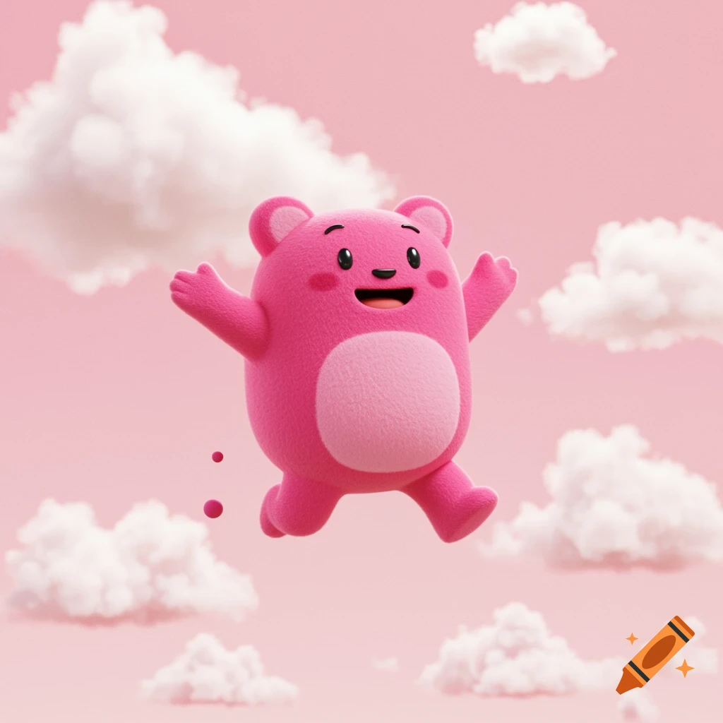 A pink cartoon creature with big eyes is jumping in a pink sky ...