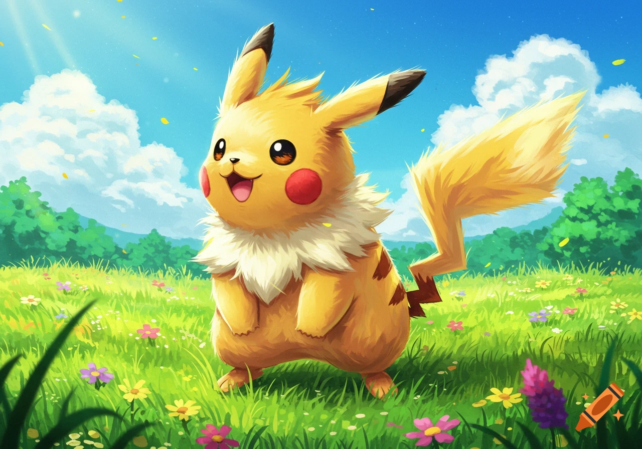 Cute cartoon Pikachu stands in a sunny field with flowers and trees. on ...