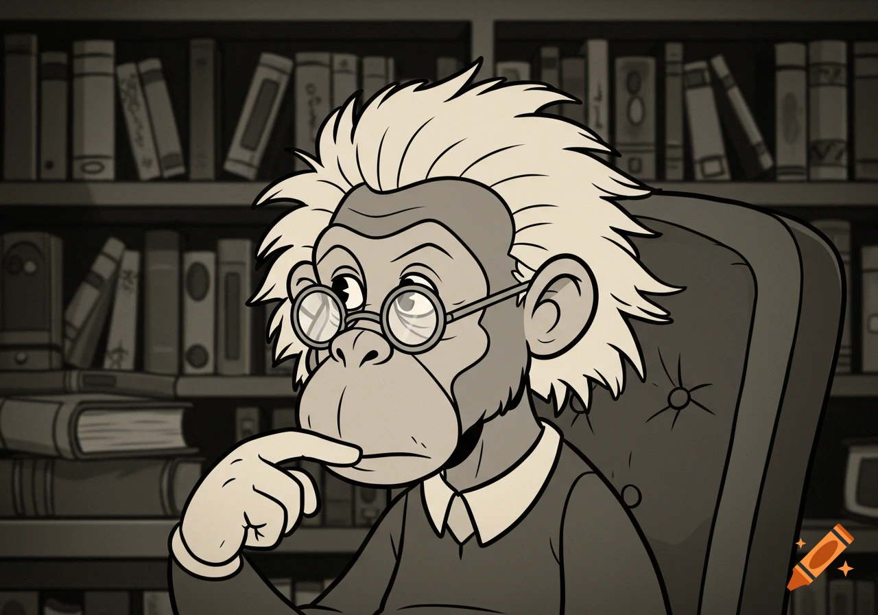 Vintage cartoon of a thoughtful monkey resembling Einstein in a library ...