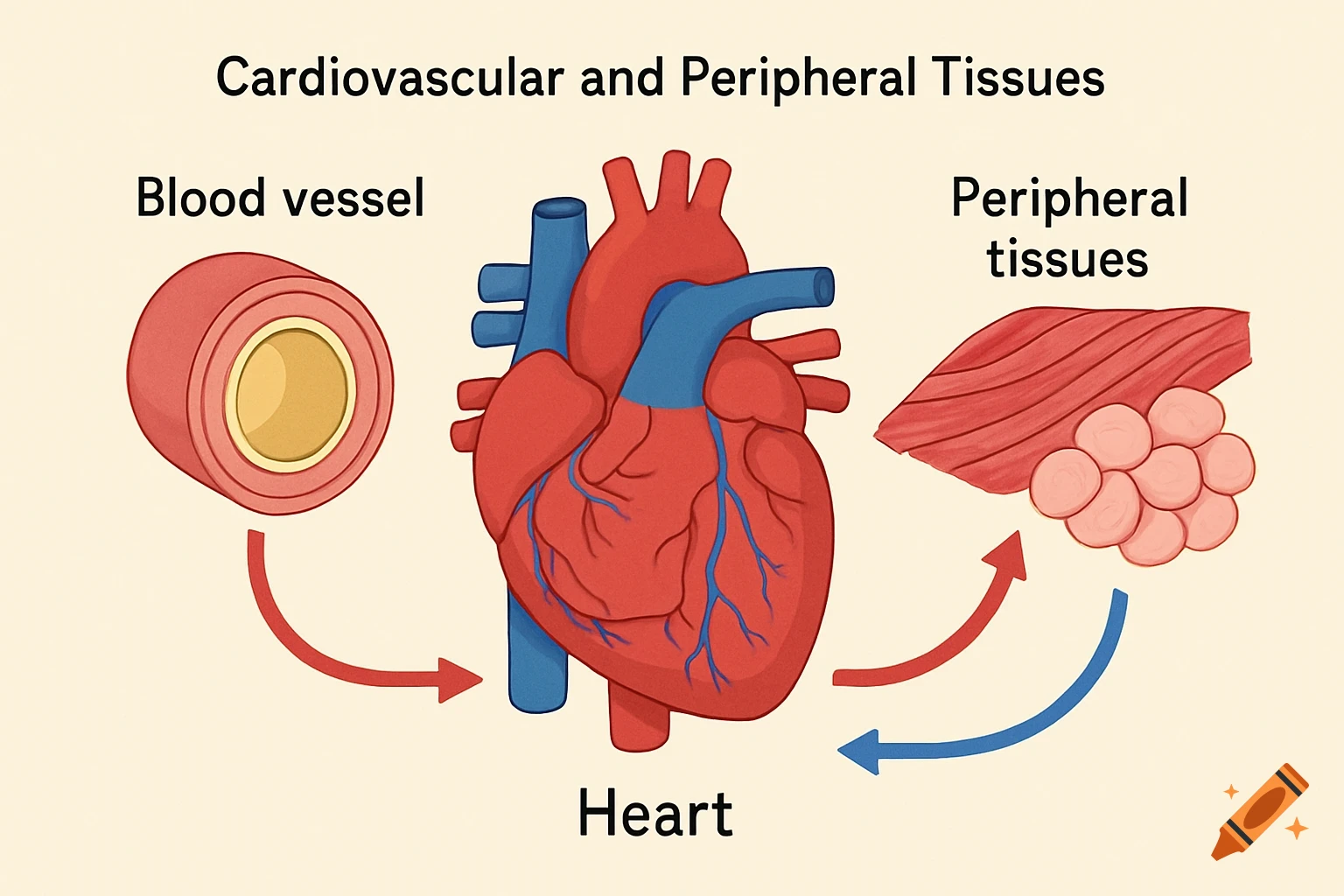 Diagram of a heart, blood vessel cross-section, and peripheral tissues ...